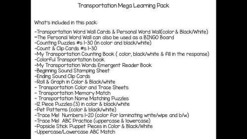 Transportation Math and Literacy Activities for Special Education
