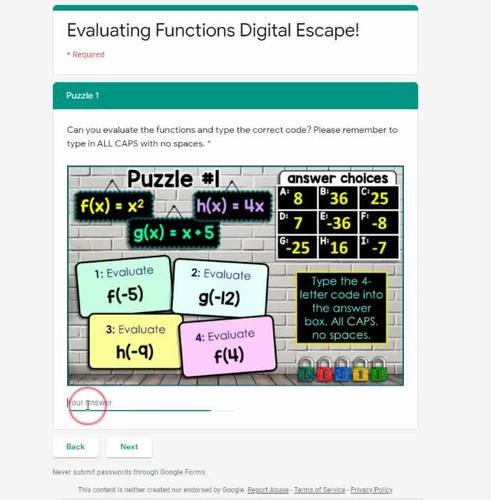 Evaluating Algebraic Functions Digital Math Escape Room Activity