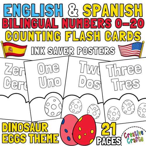 English & Spanish Bilingual Numbers 0-20 Counting Flashcards Dinosaur ...