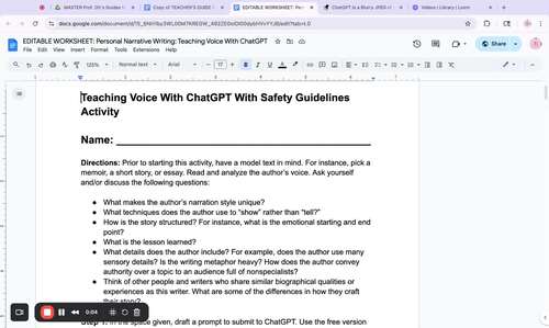 Voice and Style Using ChatGPT AI Writing- Personal Narrative Activities