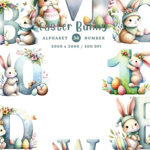 Easter Bunny Watercolor Alphabet & Number PNG by Adorable Clipart