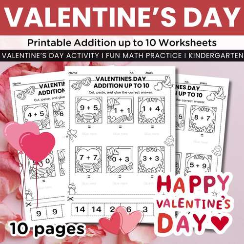 Valentine’s Day Addition up to 10 Worksheet for Kindergarten,Basic Math ...