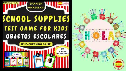 Spanish school supplies quiz game No prep Objetos escolares digital