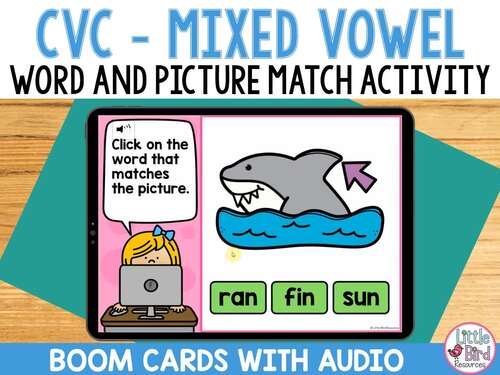 CVC Mixed Vowel Word & Picture Match Phonics Boom Cards with Audio ...