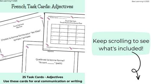 French Adjectives Task Cards – Grammar Practice for Beginners | 25 Cards
