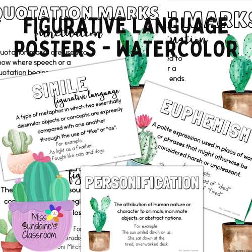 Figurative Language Grammar Literacy Posters Watercolor Succulent ...