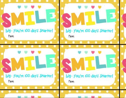 100th Day of School Smile Gift Tags | Printable Tags for Erasers ...