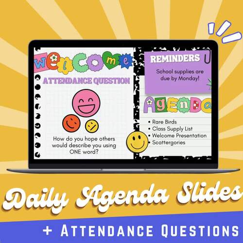 Daily Agenda Slides including 180 Attendance Questions | 100% Editable