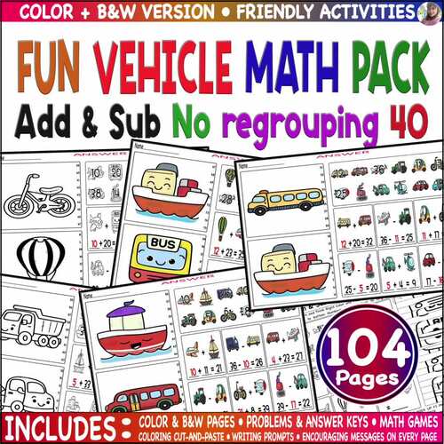Fun Vehicle Math Pack | Add & Sub within 40 Without Regrouping ...