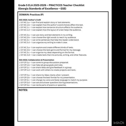 Grade 5 ELA I Can Posters + Teacher Checklist | NEW Georgia Standards 2025