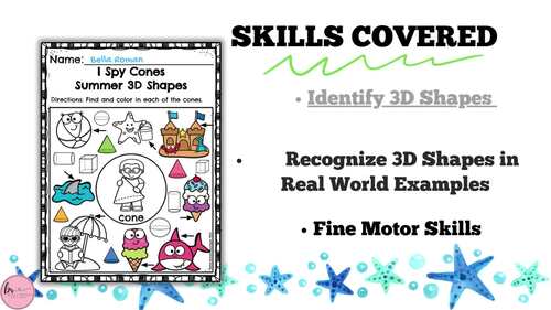 Summer Math Activity 3D Shapes I SPY Worksheets for Kindergarten: Geometry