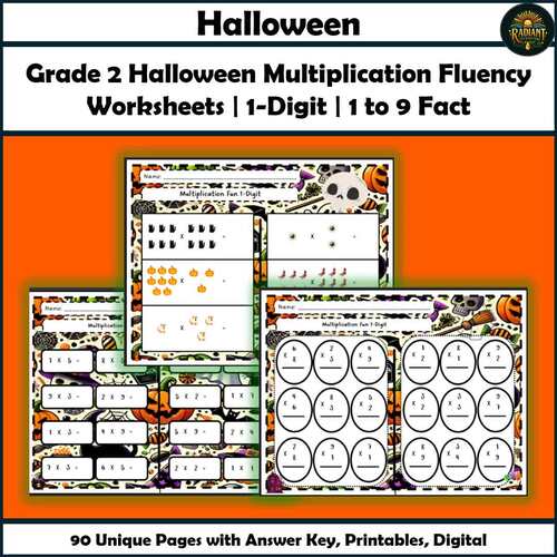 Grade 2 Halloween Multiplication Fluency Worksheets | 1-Digit | 1 to 9 Fact