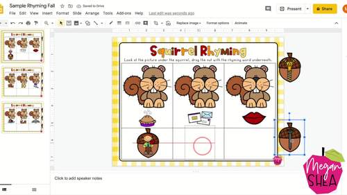 Fall Theme Digital Rhyming Google Slides Kindergarten Distance Learning