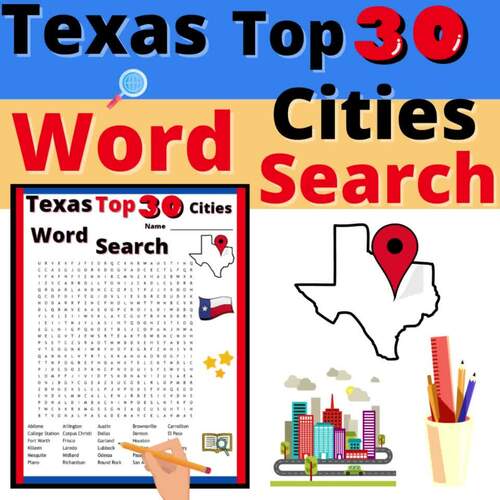 Texas Word Search Puzzle Top 30 Cities Activity Resource Geography No Prep