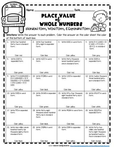 Place Value of Whole Numbers Color by Number Back to School Theme