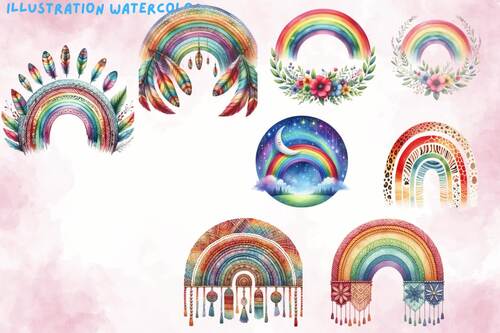 Boho Rainbow Watercolor Clipart, Floral Rainbow Clip Art, Neutral Baby ...