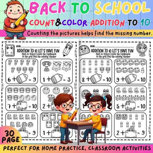 Addition Count and Color within 10 Worksheets, Back to School Math Activity