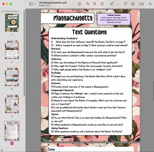 Massachusetts || US States || Information Text Close Reading Comprehension