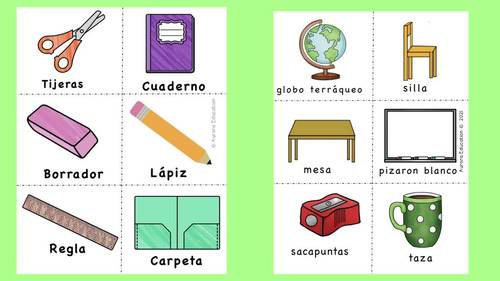 School Supplies and Classroom Vocabulary Cards in Spanish with matching ...