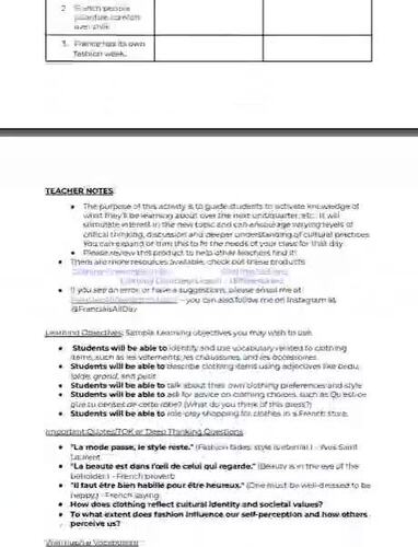 Les Vêtements - French Clothing Anticipation Guide/Pre-Unit Cultural Intro