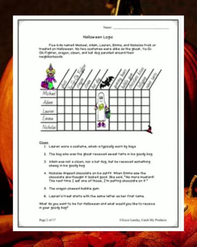 Halloween Logic Puzzles and Math Brainteasers Print or Digital Worksheets