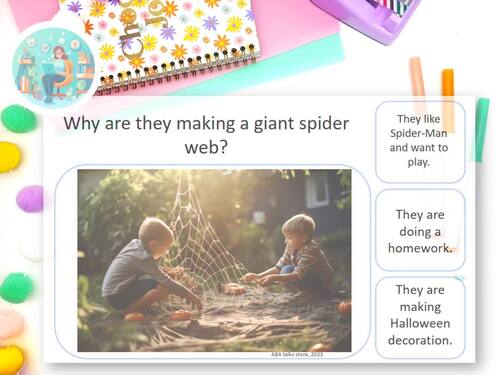 Why Questions. Halloween picture scenes speech therapy by ABA talks store