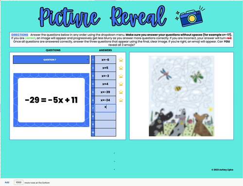 Two step equations with integers picture reveal digital activity