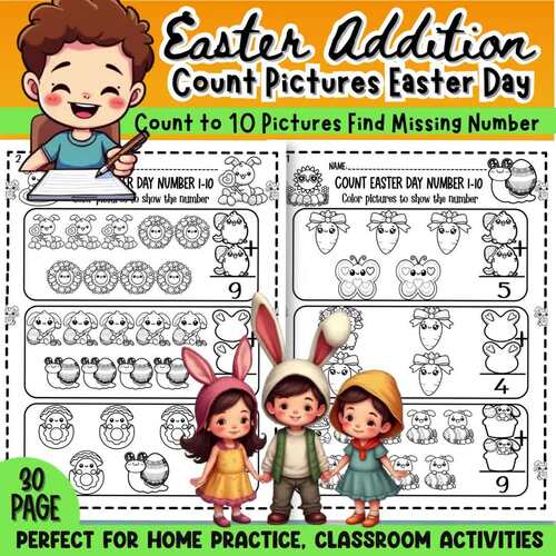 Addition Count within 10 Worksheets, Find the Missing Number (Easter Theme)