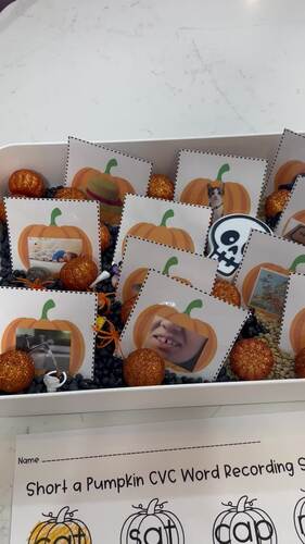 Fall/ Pumpkin Short a CVC Word Sensory Bin Cards by Pastels and Polka Dots