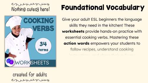Cooking Verbs Vocabulary Worksheets for Adult ESL | 34 Verbs | A1-A2