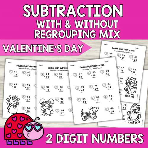 Valentine's Day Double Digit Subtraction with & without Regrouping Mix ...