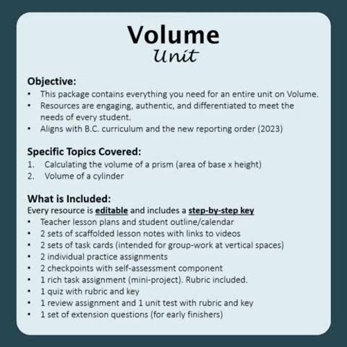 BC Math 8 Volume Unit: Engaging, Differentiated Lessons and Real-World PBL