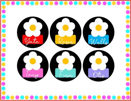 Printable Black and Bright Daisy Student Name Labels, Daisy Name Labels