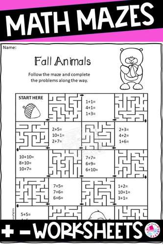 Fall Addition and Subtraction Facts Practice Worksheets Mazes | TPT