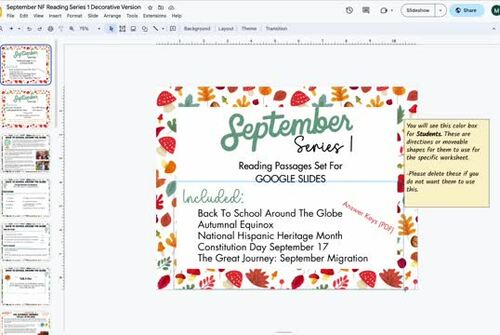 September Reading Passage Series 1 Set of 5, w/ Comprehension, DIGITAL ...