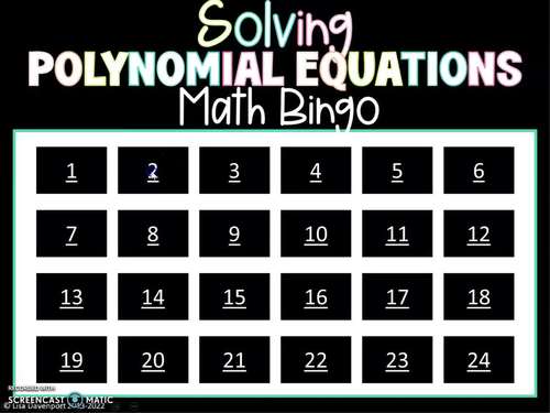 Solving Polynomial Equations - Math Bingo Game by Lisa Davenport