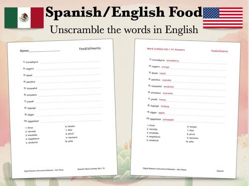 Spanish/English food vocabulary Word Jumble puzzles | TPT