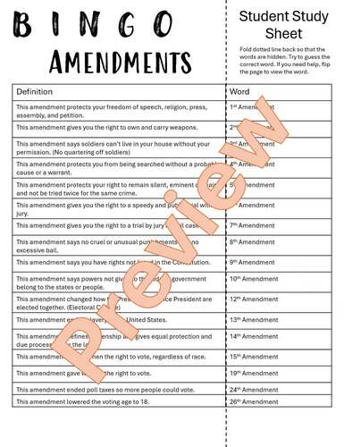 Amendments BINGO Civics EOC Review Game | Bill of Rights & Voting Rights