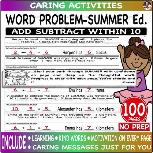 Addition & Subtraction within 10 word problem math worksheet Set Go - Summer Ed.