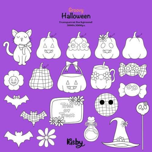 Groovy Retro Halloween Doodle Outline Clipart, Black & White Classroom ...
