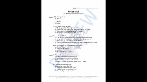 Julius Caesar Act 1 Quiz and Close Reading Analysis Worksheets Bundle