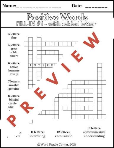 140 Positive Words | Fill-Ins by Word Puzzle Corner | TPT