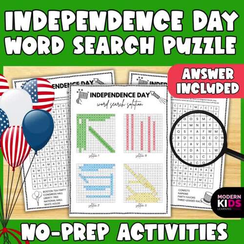 No-Prep Independence Day Word Search Puzzle Worksheets with Answers