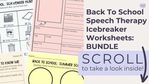 Back To School Speech Therapy Icebreaker Worksheets: BUNDLE by Kayla SLP