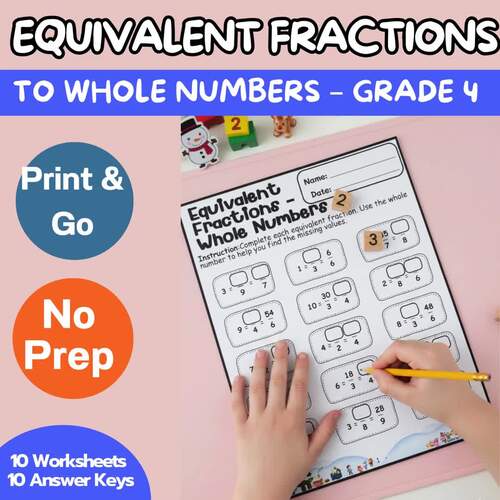 Equivalent Fractions to Whole Numbers Worksheets | Grade 4 Math Practice