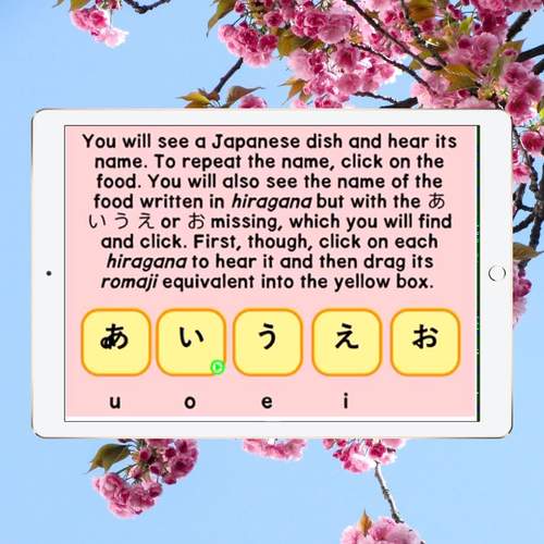 Learn Japanese hiragana through food a i u e o Boom Cards with audio