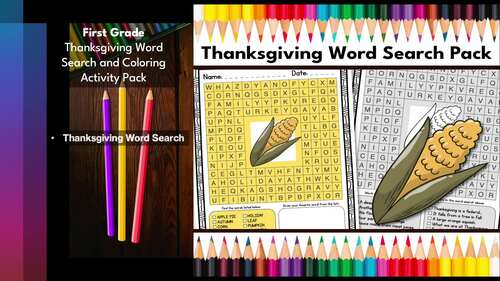 1st Grade Thanksgiving Word Search and Coloring Activity Pack for First ...