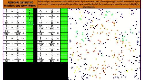 Halloween Math Pixel Art Adding and Subtracting Fractions (like ...
