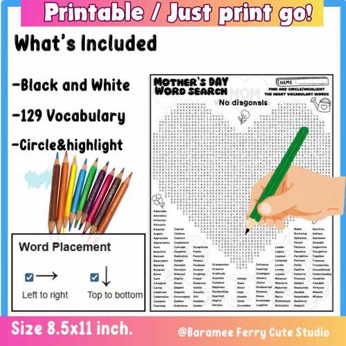 Mother's Day Hard Word Search Puzzle | 129 Vocabulary Words | March | May