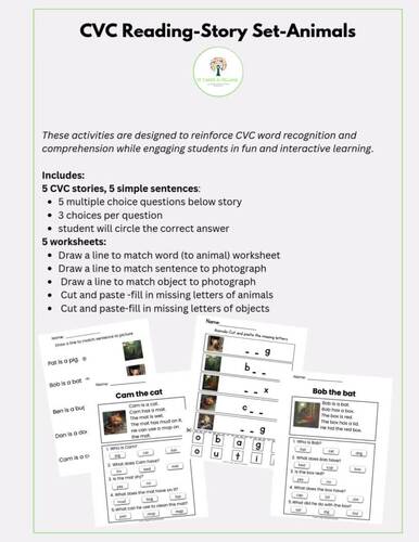 CVC Reading Stories and Answering Questions Worksheets Set 1-Animals ...